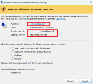 Remote Connection Warning Prompt When Opening Remote Desktop (RDP)